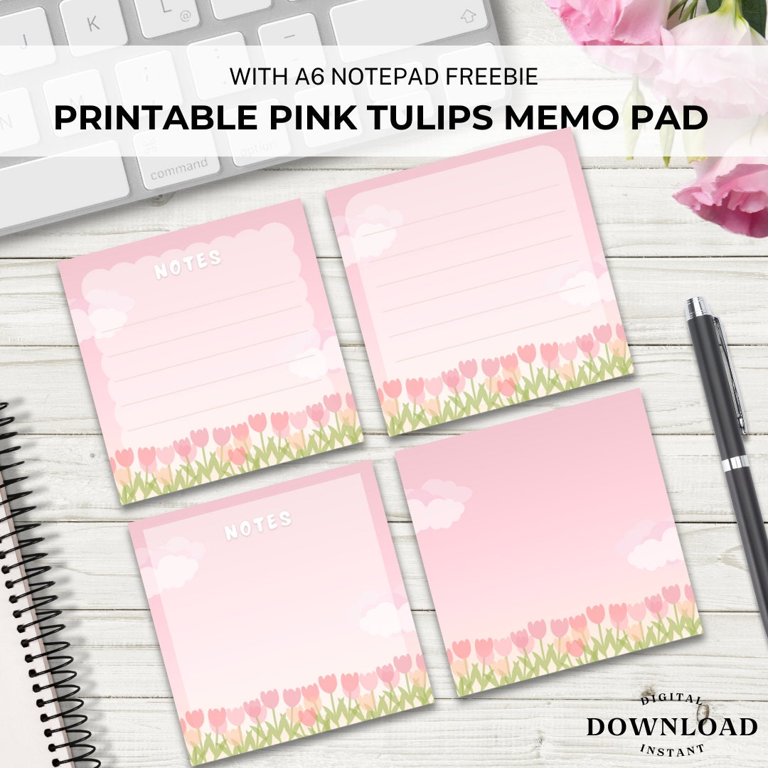 Printable Pink Tulips Memo Pad, Cute Printable Memo Pad, Cute Notepad ...