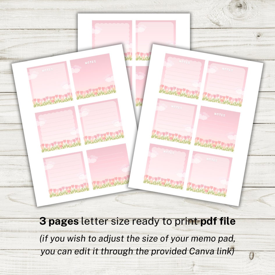 Printable Pink Tulips Memo Pad, Cute Printable Memo Pad, Cute Notepad ...