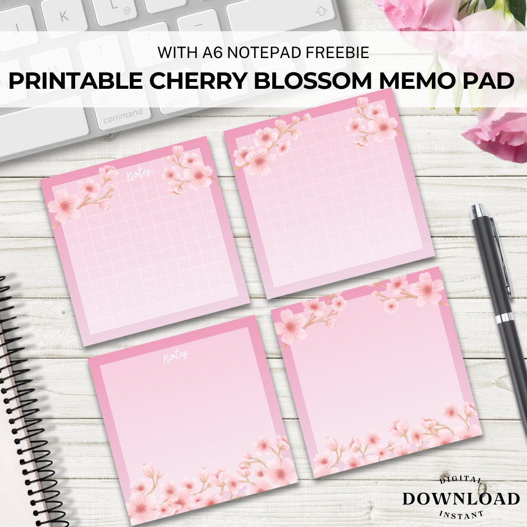 Printable Pink Cherry Blossom Memo Pad, Cute Printable Memo Pad, Cute Notepad, Cute Pink Sticky ...