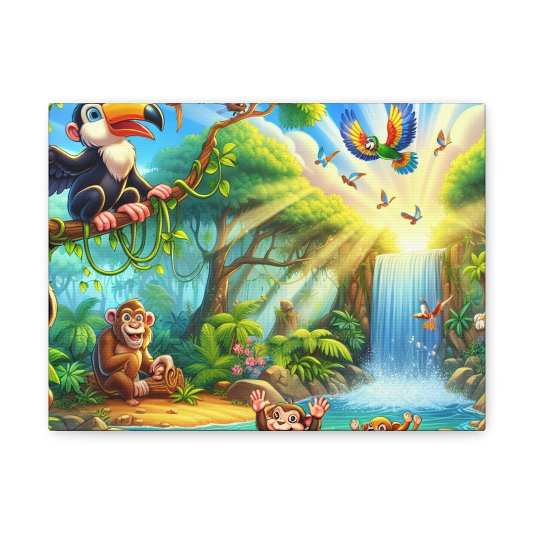 Kids Wall Art Canvas Cartoon Jungle Adventure Vibrant Jungle Scene With ...