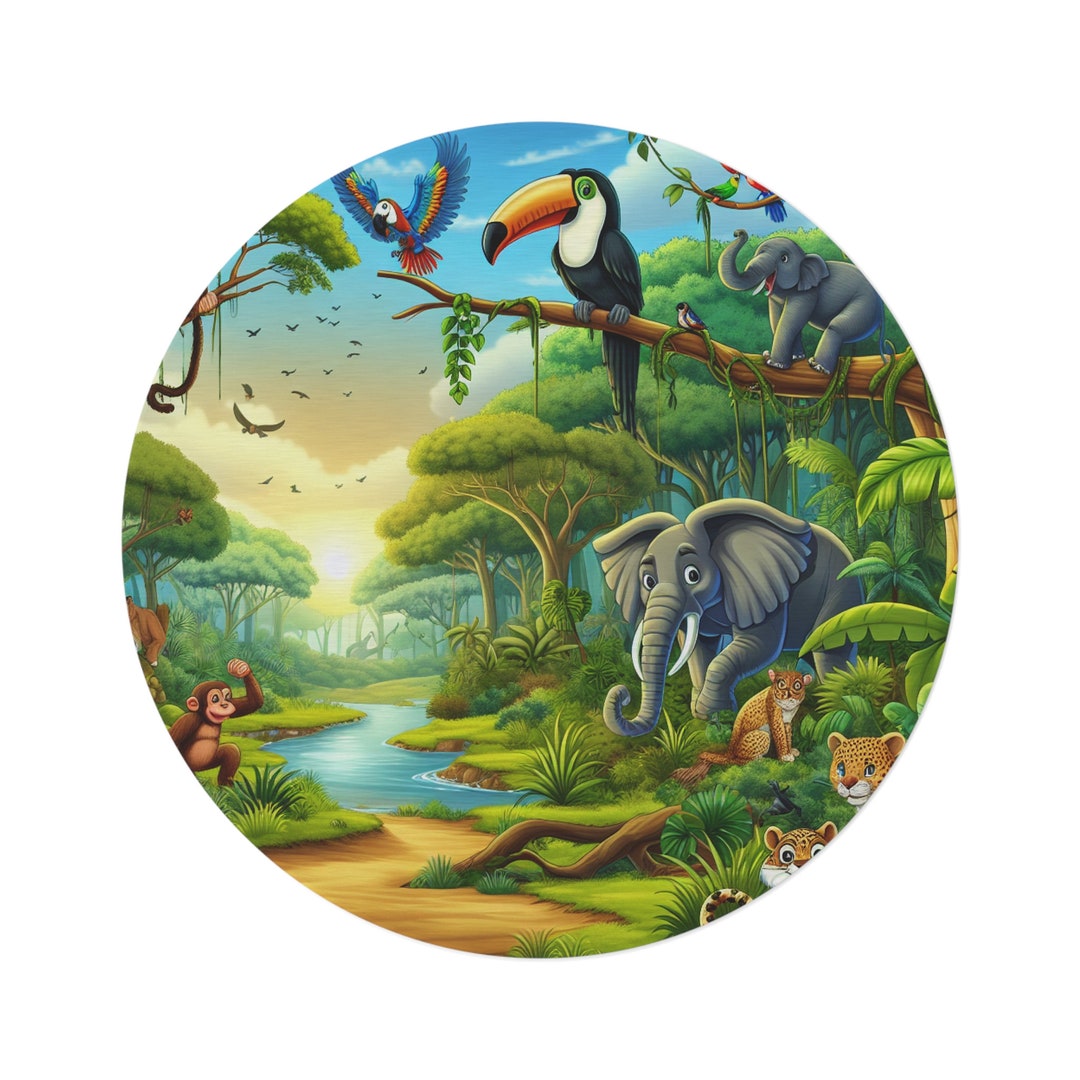 Kids Round Rug Vibrant Jungle Cartoon Animals Adventure & Wonder ...