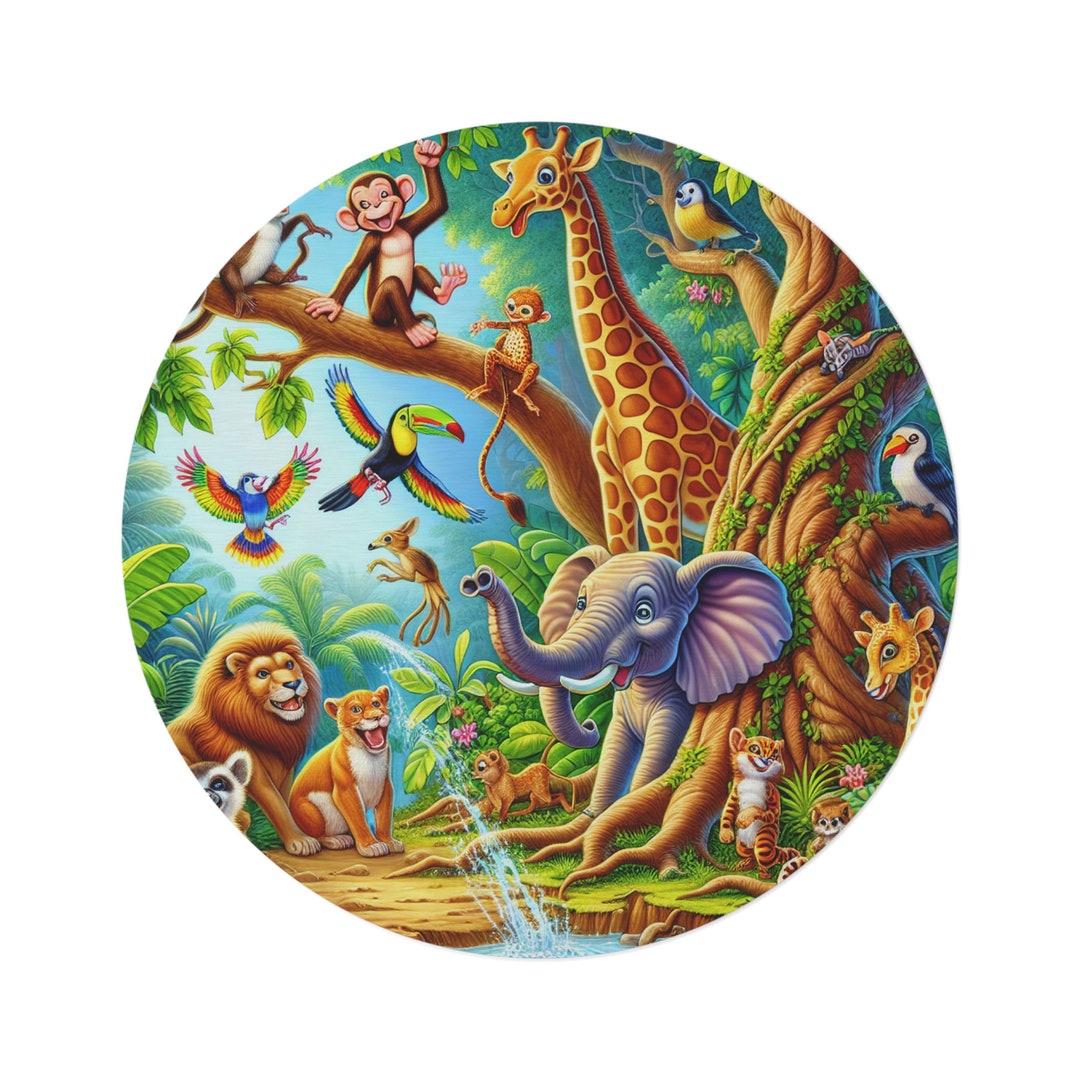 Kids Round Rug Lively Jungle Cartoon Animals & Magical Fairies - Etsy