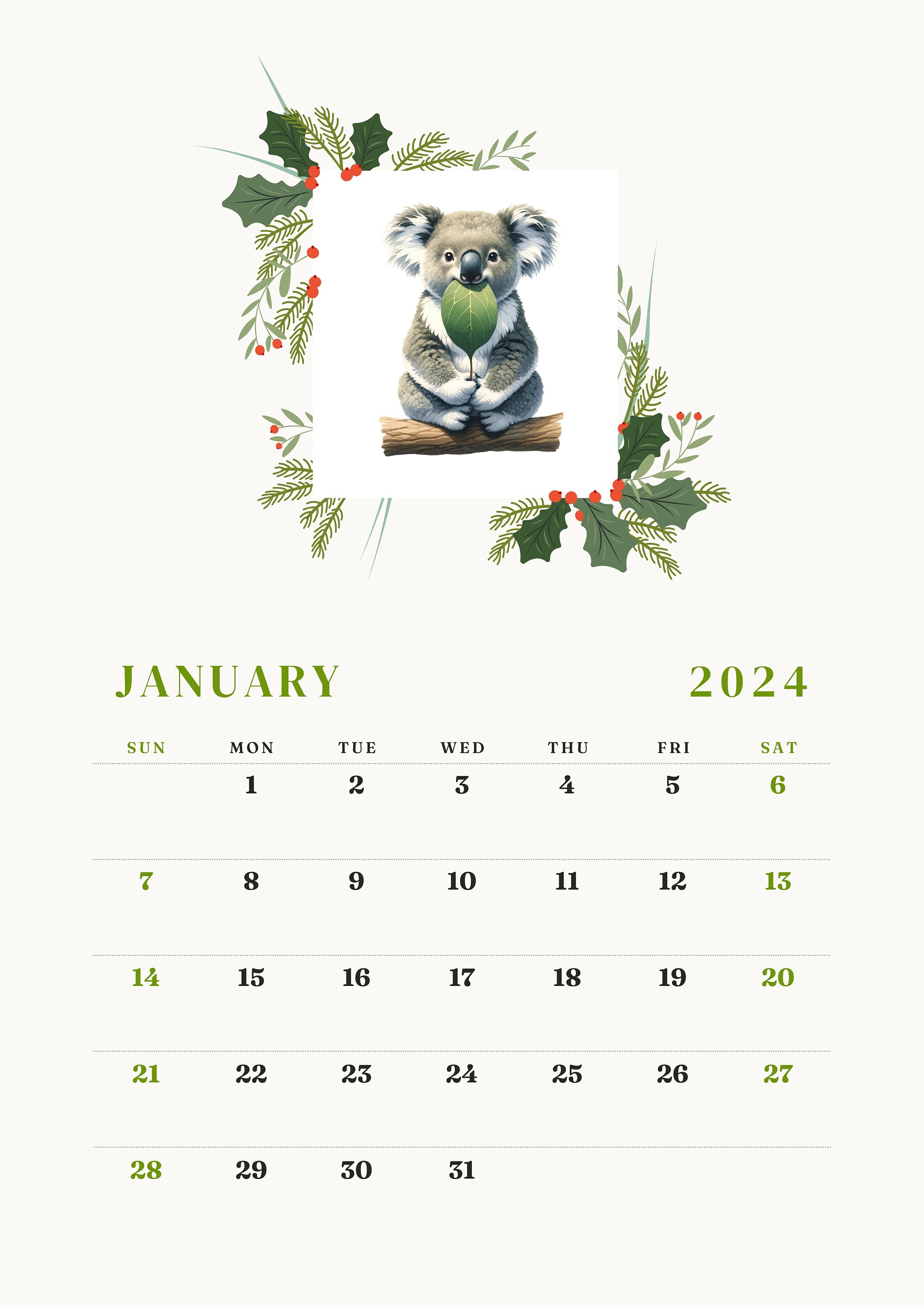 Koala Calendar 2024 Editable and Printable Digital Download 1 PDF 12 ...