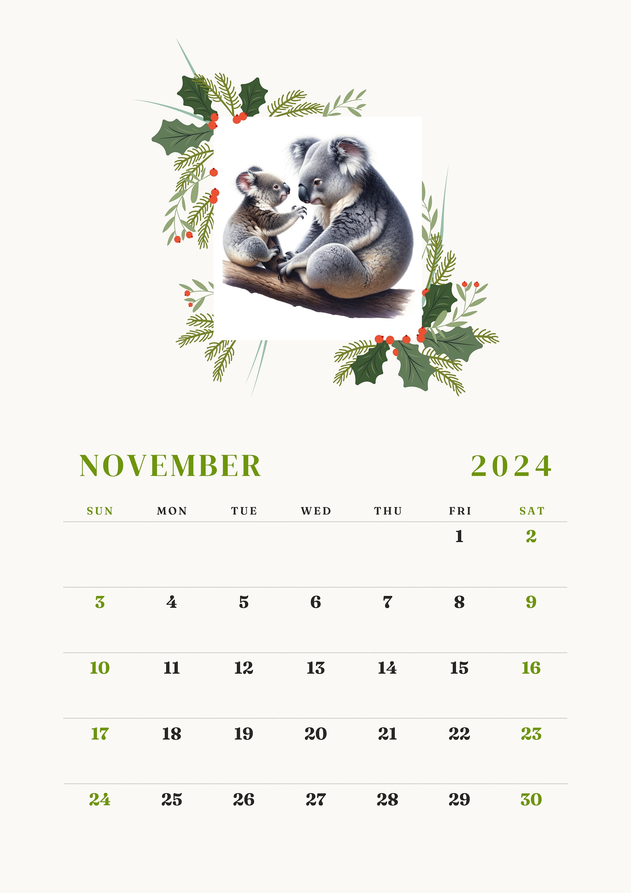 Koala Calendar 2024 Editable and Printable Digital Download 1 PDF 12 ...