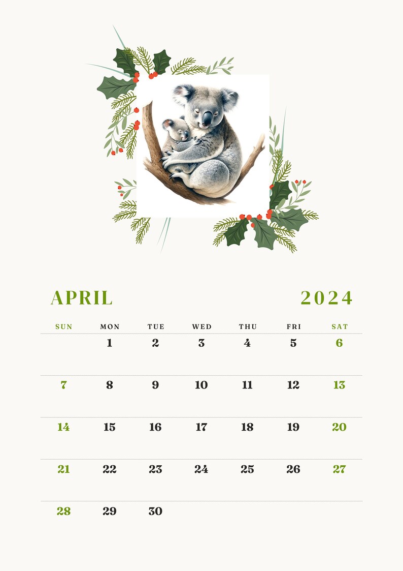 Koala Calendar 2024 Editable and Printable Digital Download 1 PDF 12 ...
