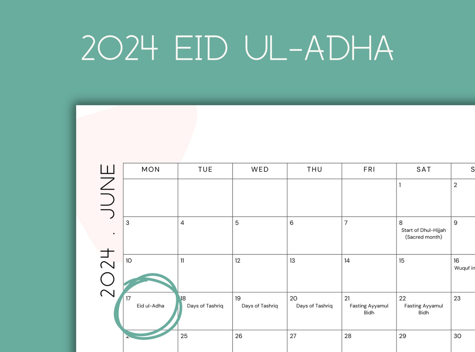 2024 Islamic Hijri Calendar muslim Holidays, Ramadan Fasting Days ...