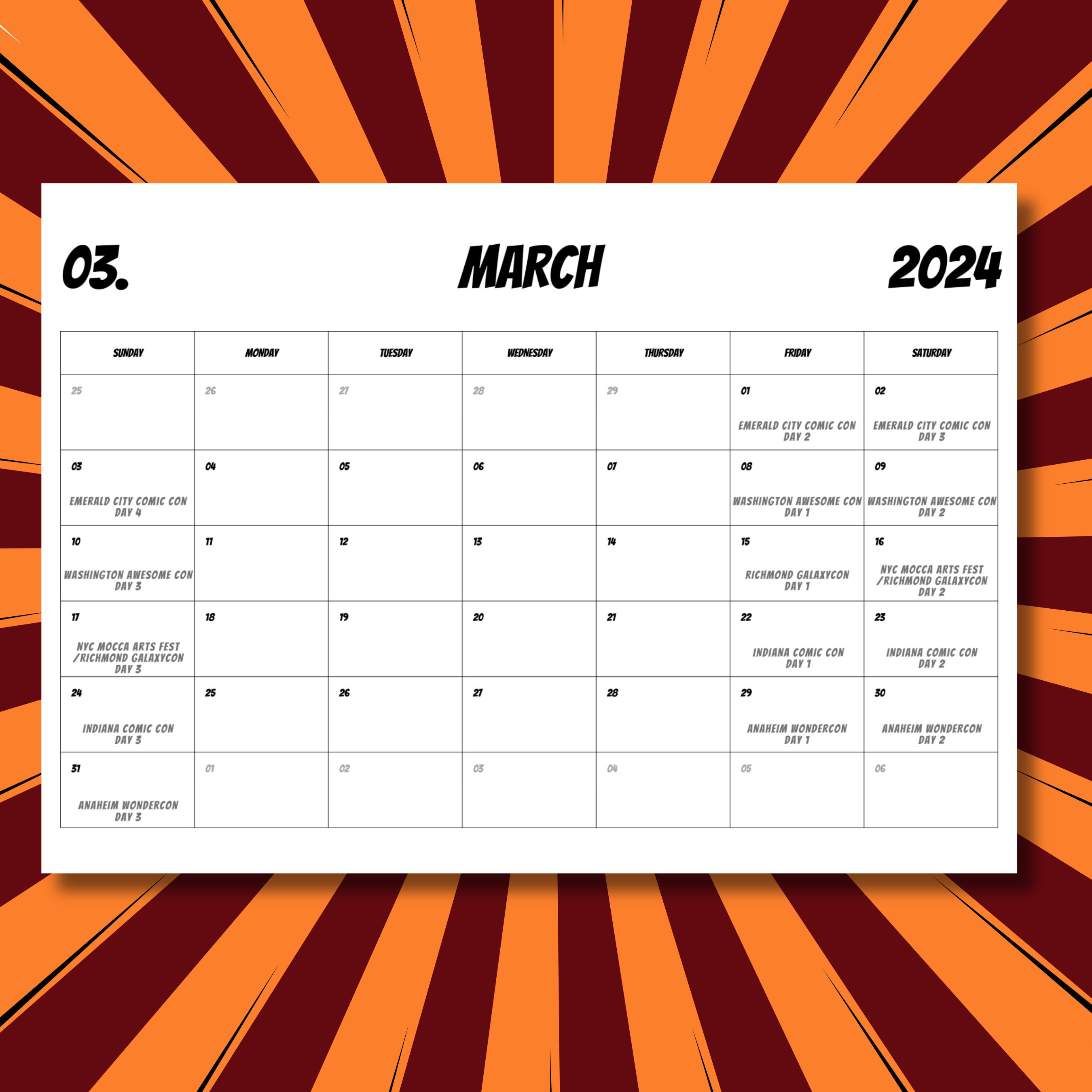2024 Comic-con Calendar USA Comic Book Convention Dates - Etsy