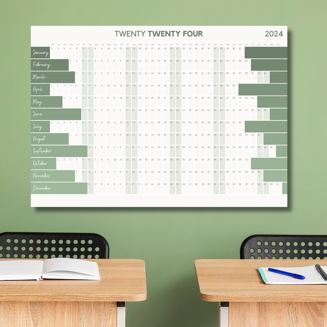 2024 Yearly School Calendar pastel Green, A0/A1 One Page, Instant ...
