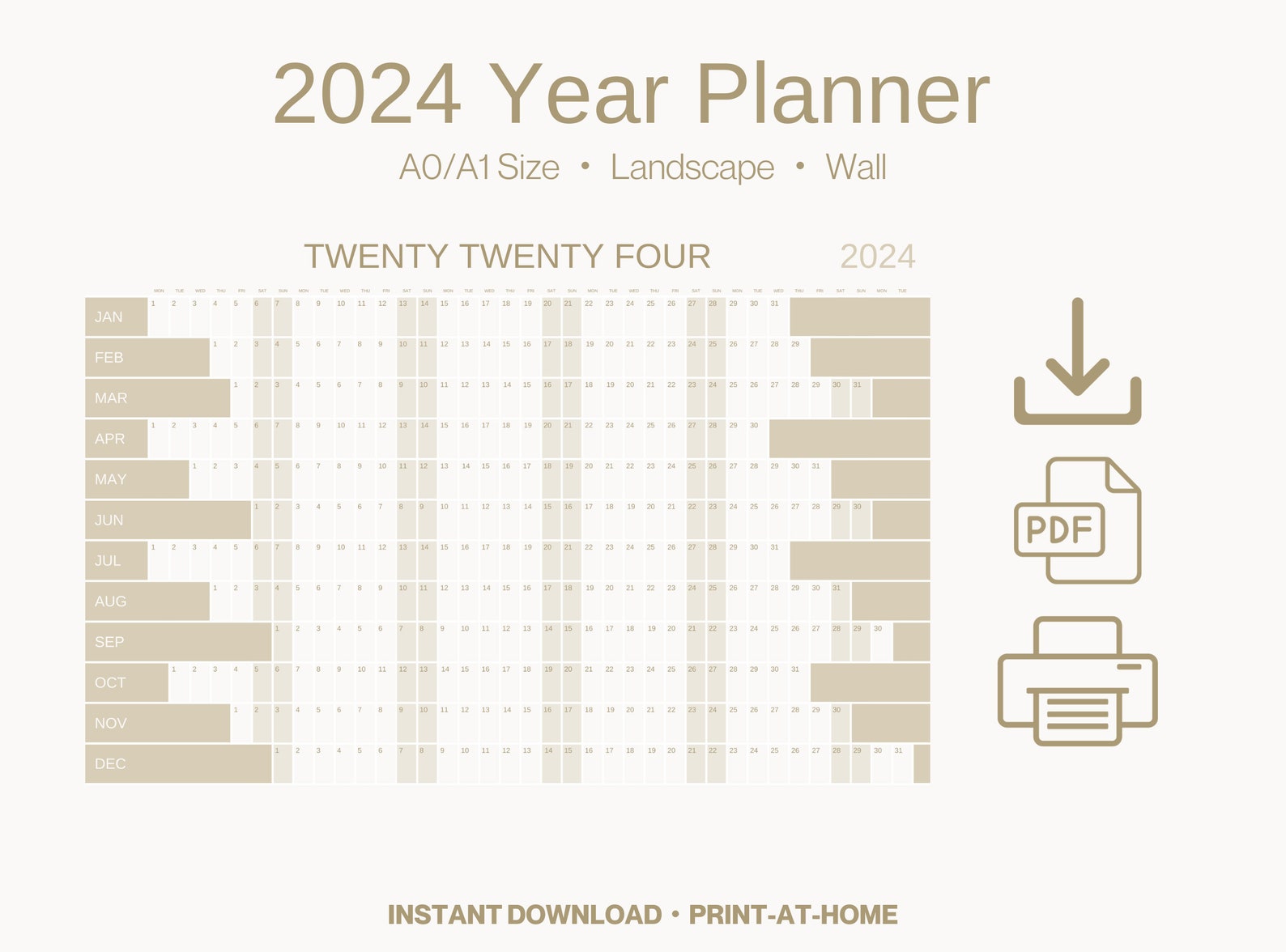 2024 A0 A1 Giant Yearly Wall Calendar Full Year Horizontal Printable ...