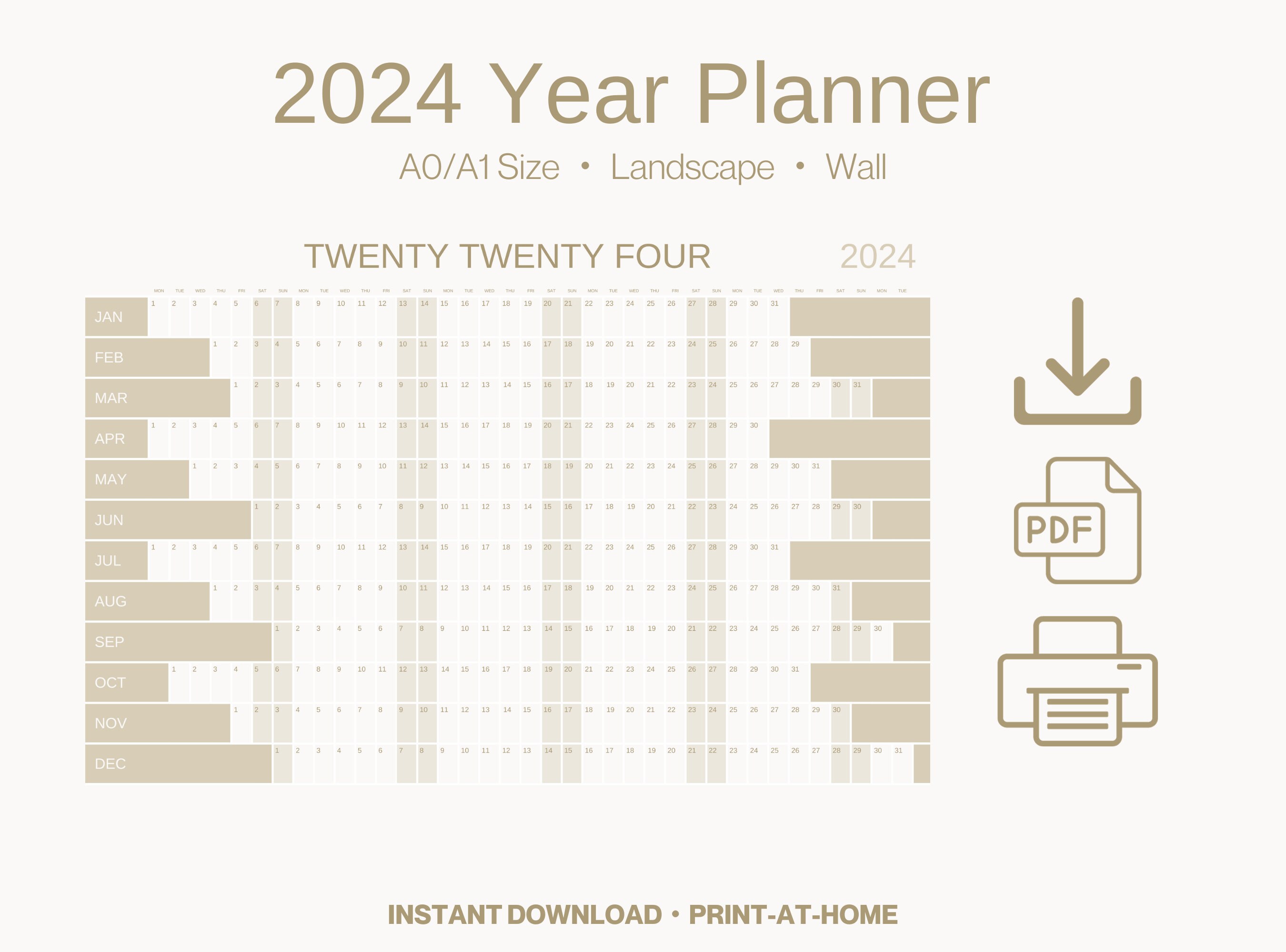 2024 A0 A1 Giant Yearly Wall Calendar Full Year Horizontal Printable ...
