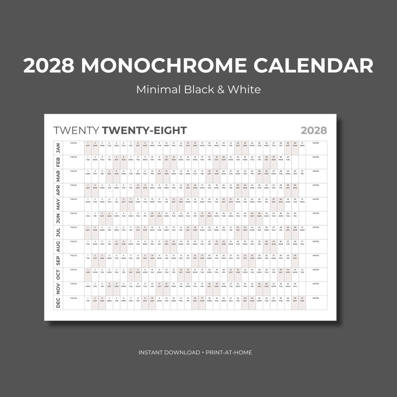 2028 Monochrome Industrial Printable Wall Calendar (minimal Black ...