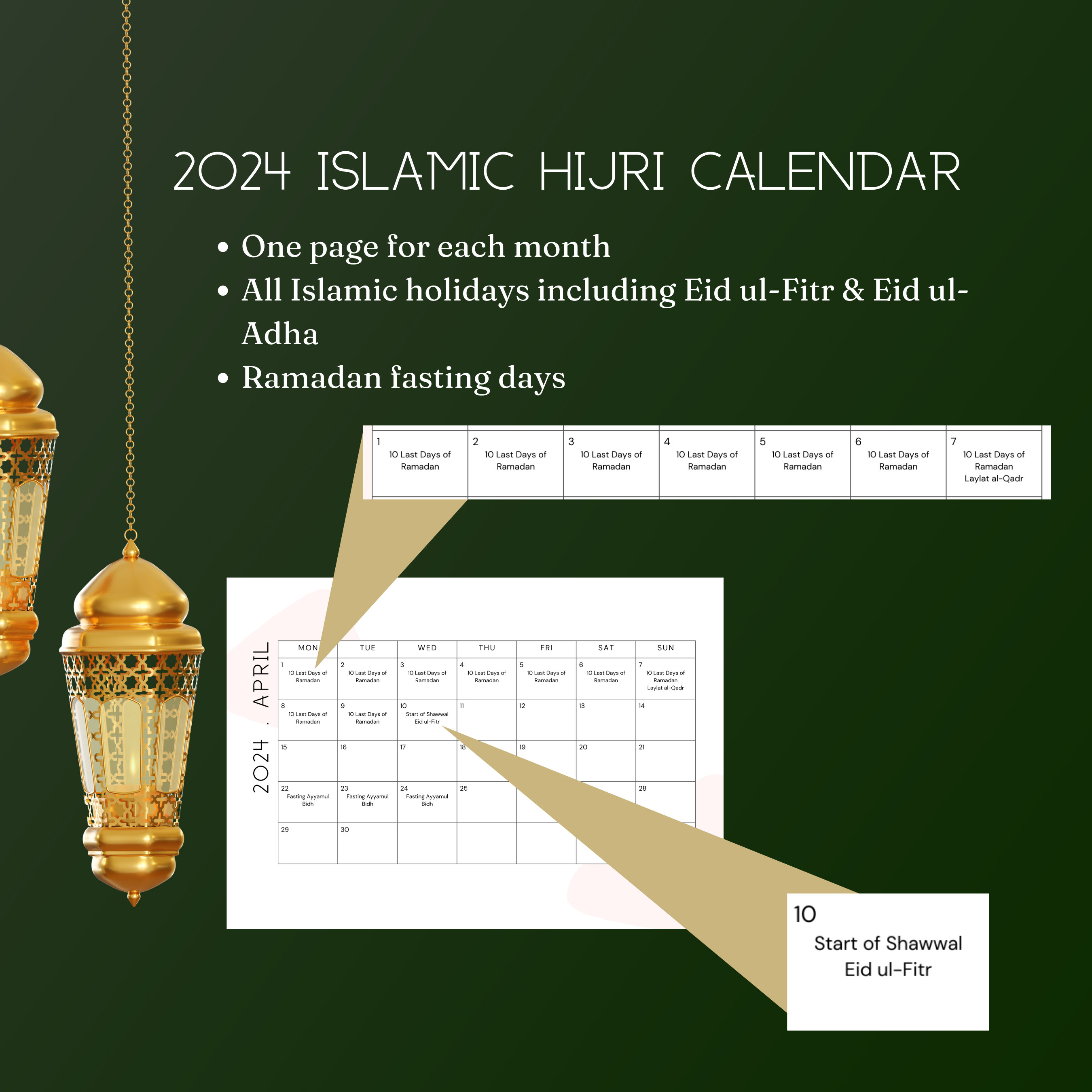 2024 Islamic Hijri Calendar muslim Holidays, Ramadan Fasting Days ...