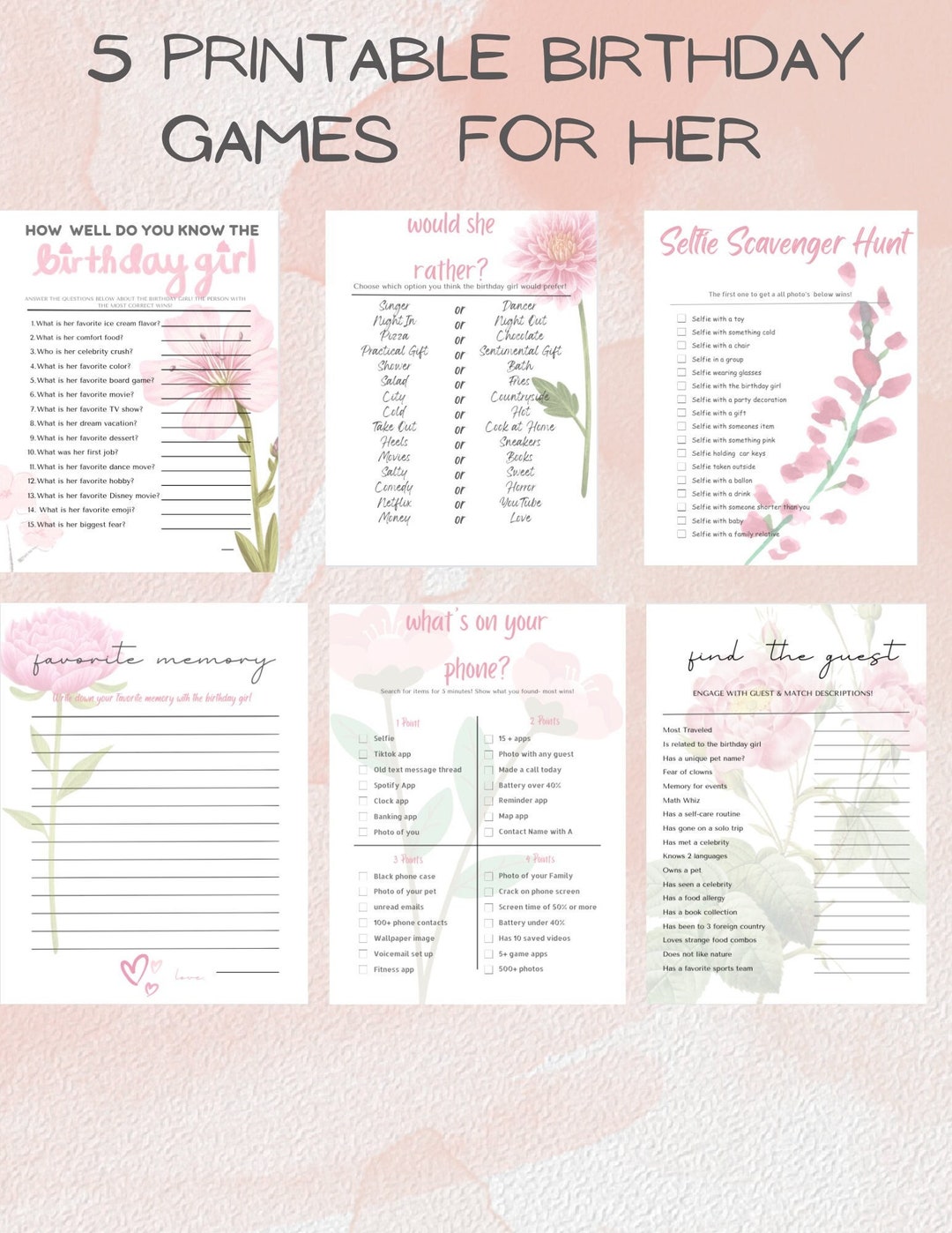 5 Birthday Games for Her | Birthday Games Bundle | Birthday Party Games ...
