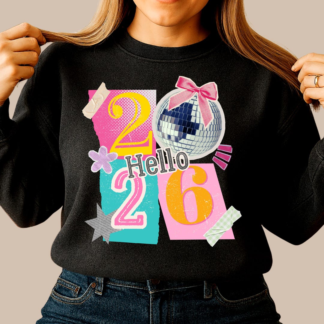 Hallo 2026 Retro Y2K Collage PNG | Disco Ball Neujahr Grafik | Bunt ...
