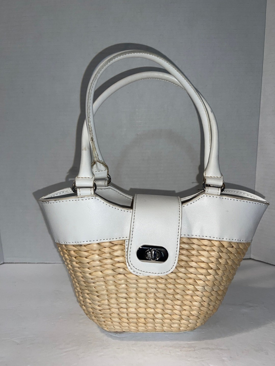 Straw Wicker Mini Purse White Faux Leather Trim Structured Bags - Etsy