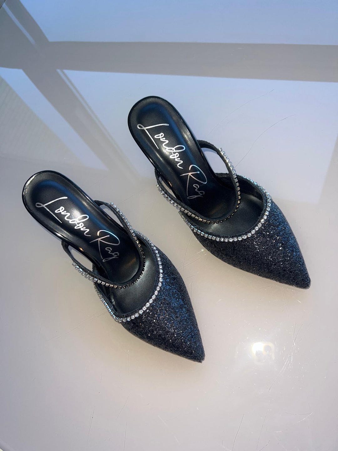 London Rag Black Glitter Spool Heel Slip-on Sandals - Size 6 - Etsy