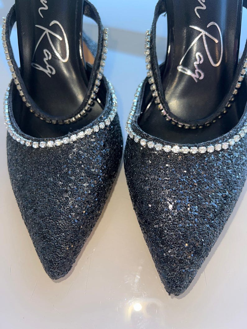 London Rag Black Glitter Spool Heel Slip-on Sandals - Size 6 - Etsy