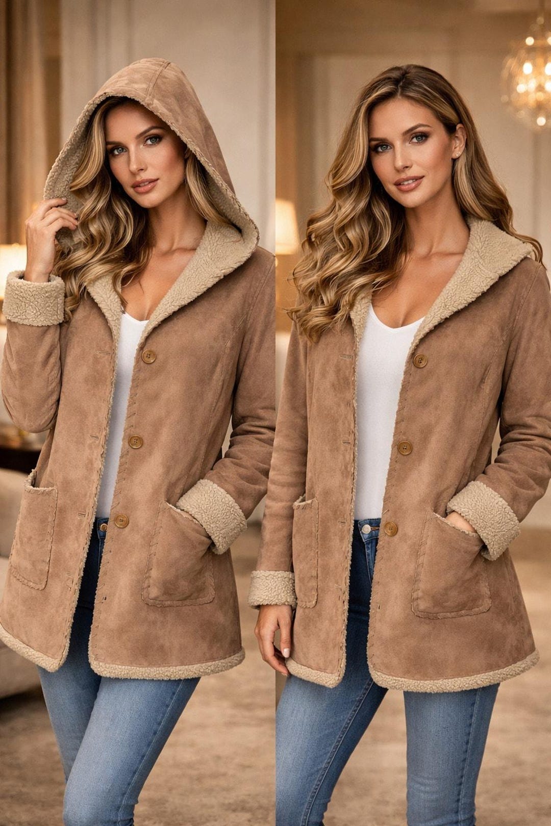 Utex Design Hooded Faux Shearling Jacket 1X Tan Cozy Coat - Etsy