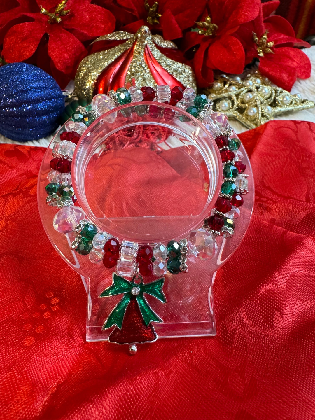 Christmas Holiday Triple Strand Stretch Bracelet Red White Green With ...