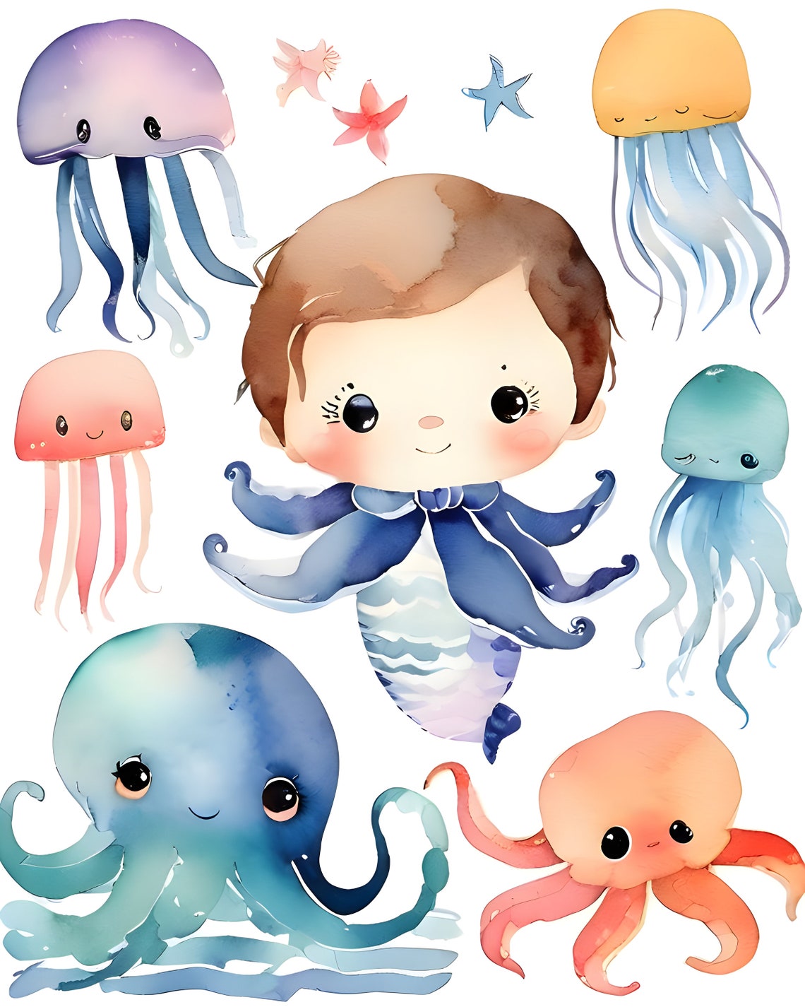 Undersea Watercolor Clipart, Nursery Decor, Baby Wall Art, Octopus ...