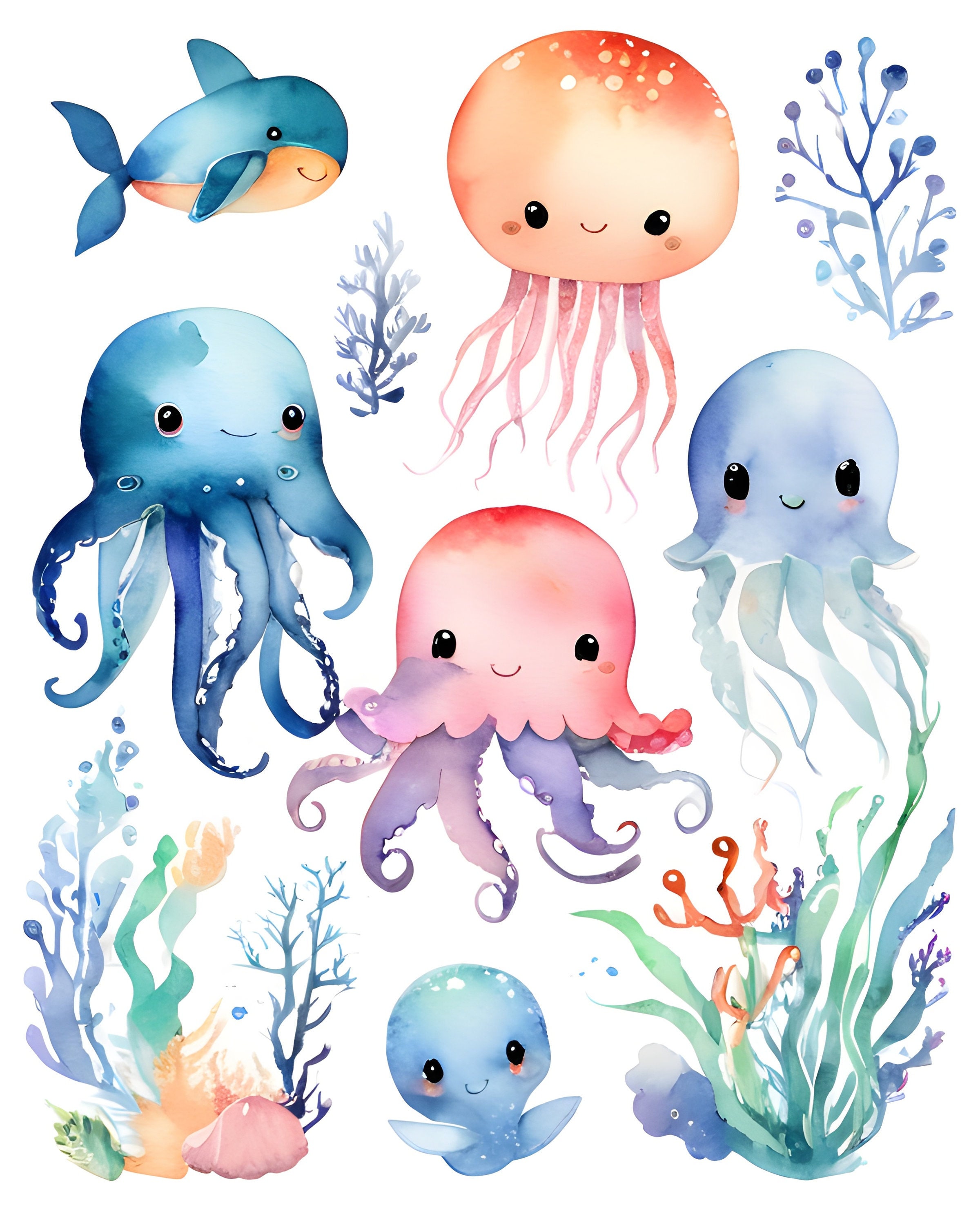 Undersea Watercolor Clipart, Nursery Decor, Baby Wall Art, Octopus ...