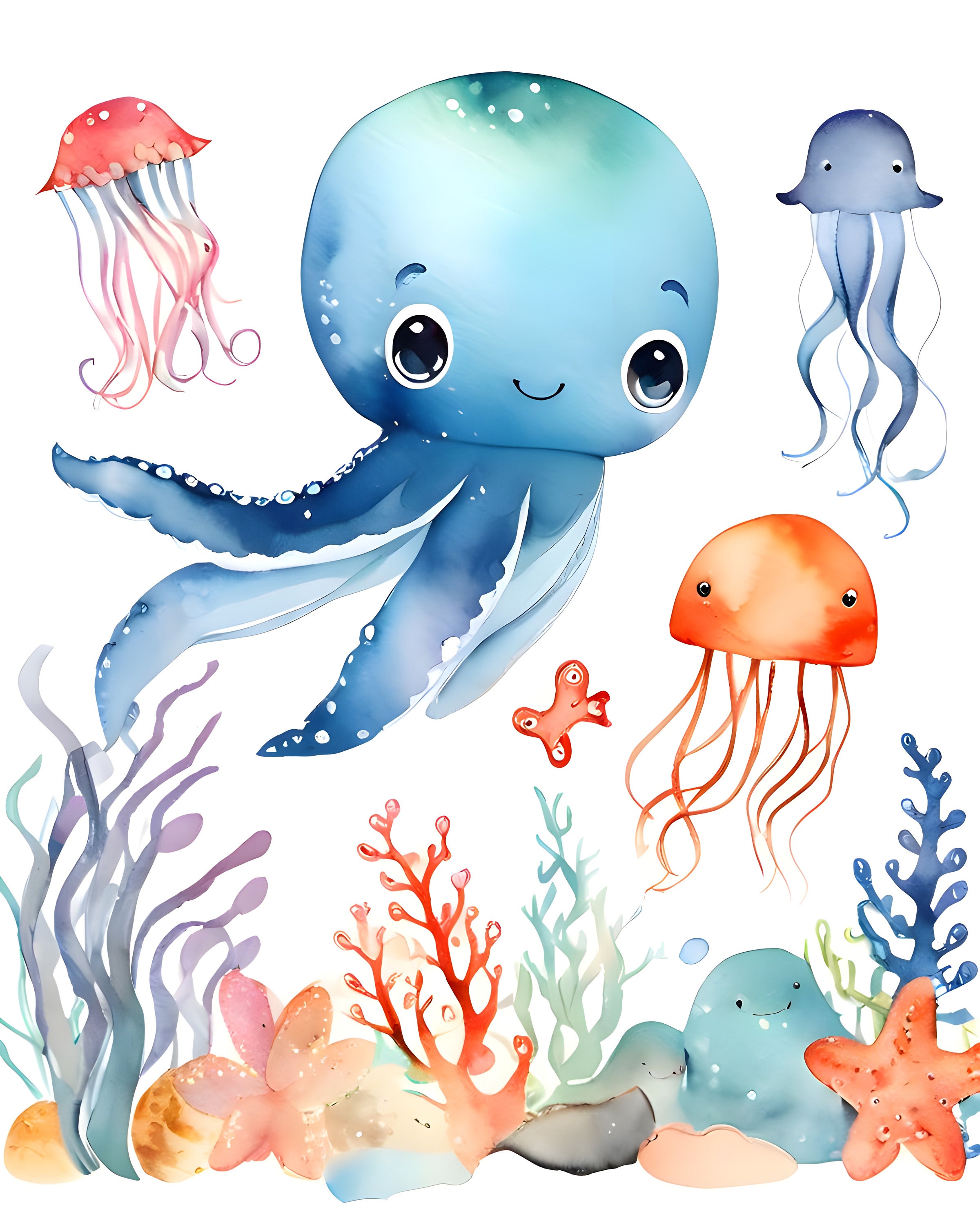 Undersea Watercolor Clipart, Nursery Decor, Baby Wall Art, Octopus ...