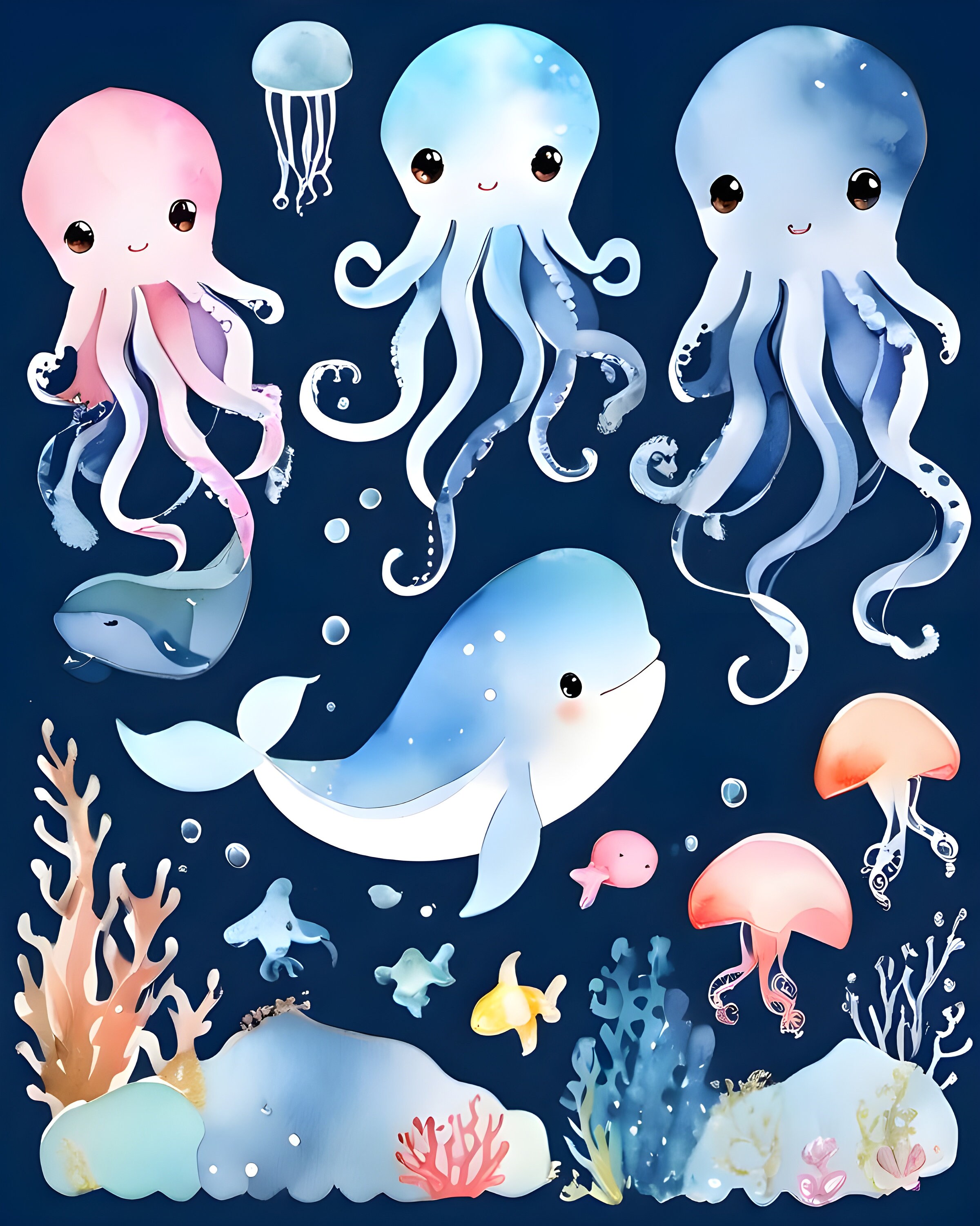 Undersea Watercolor Clipart, Nursery Decor, Baby Wall Art, Octopus ...