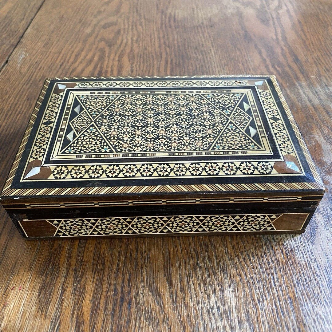 Vintage Marquetry Inlaid Micro Mosaic Jewelry Box Wood 8.5x6" Mother of ...