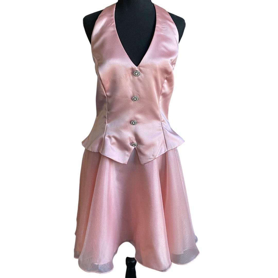 Dave and Johnny Cocktail Mini Dress L Tuxedo Pink Satin Rhinestones ...