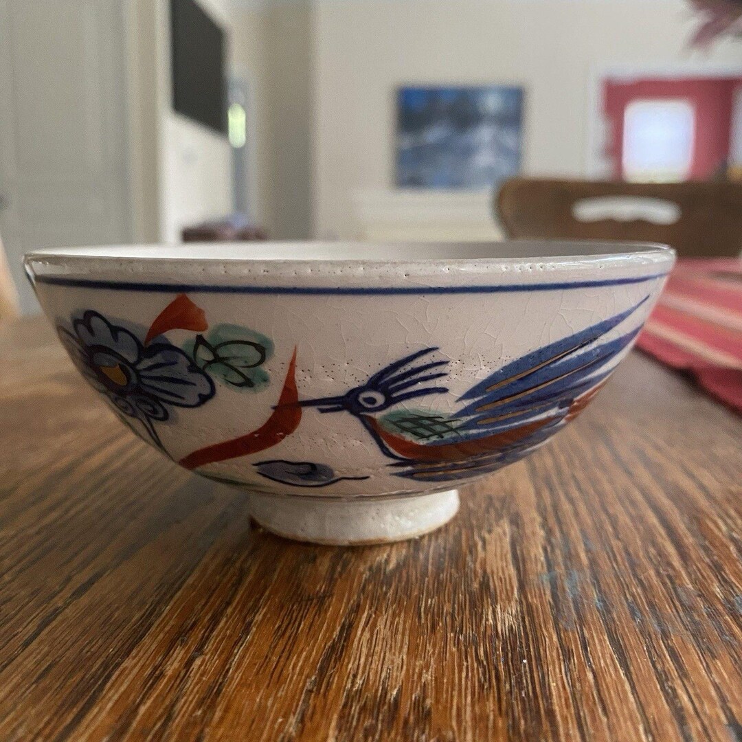 Antique Imari Ware Rice Bowl Hand Painted Blue Red Rooster Floral ...