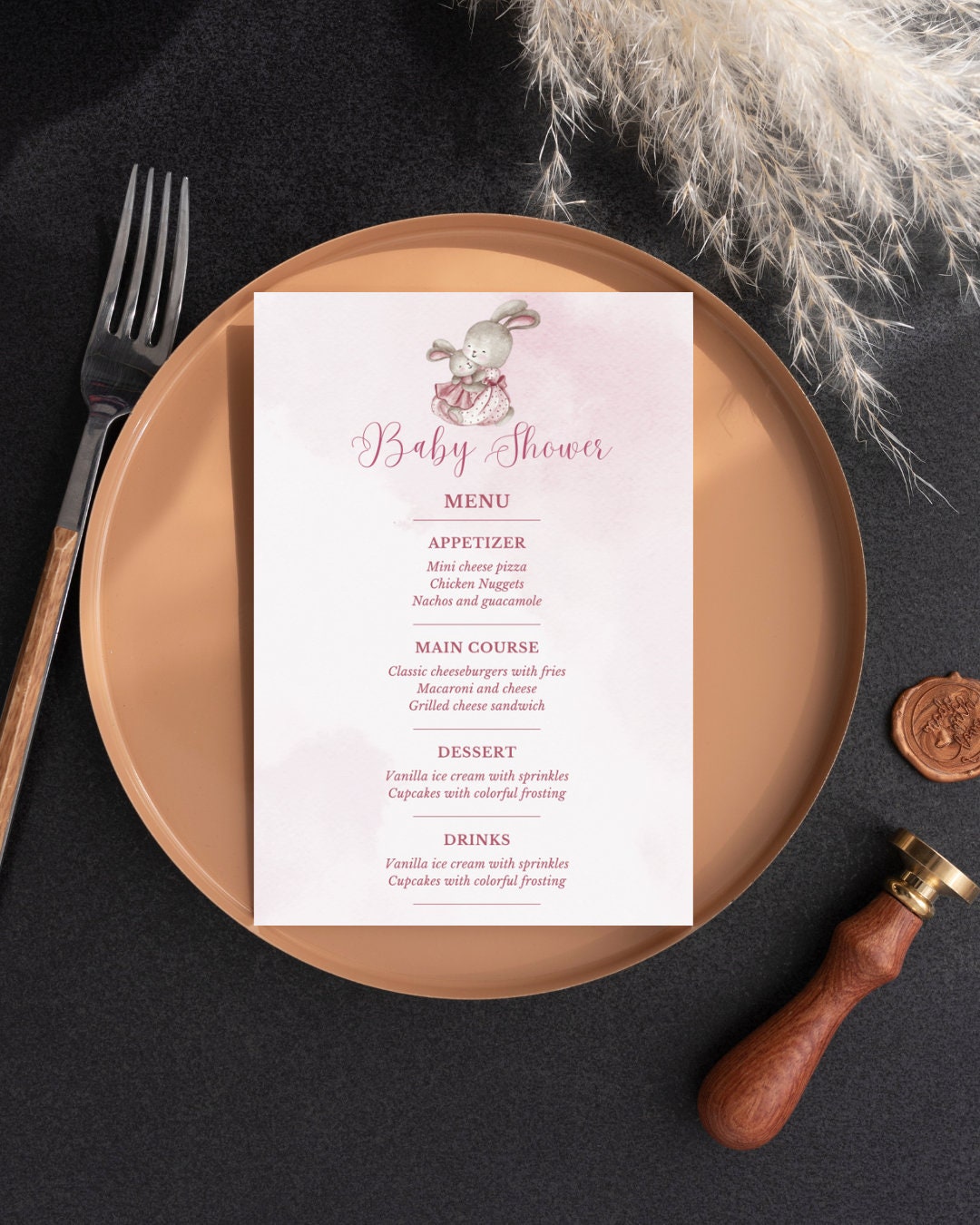 Pink Bunny Menu Printable, Bunny Pink Baby Shower Table Menus, Girls ...