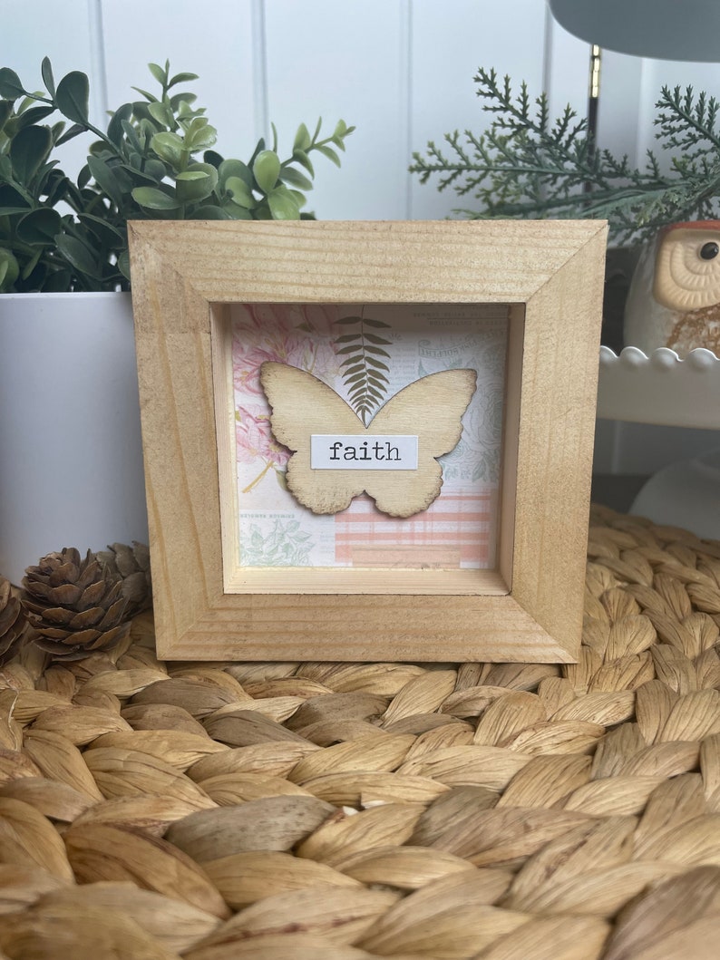 Butterfly faith Shadow Box Sign 4x4. Mixed Media Background. Shelf ...