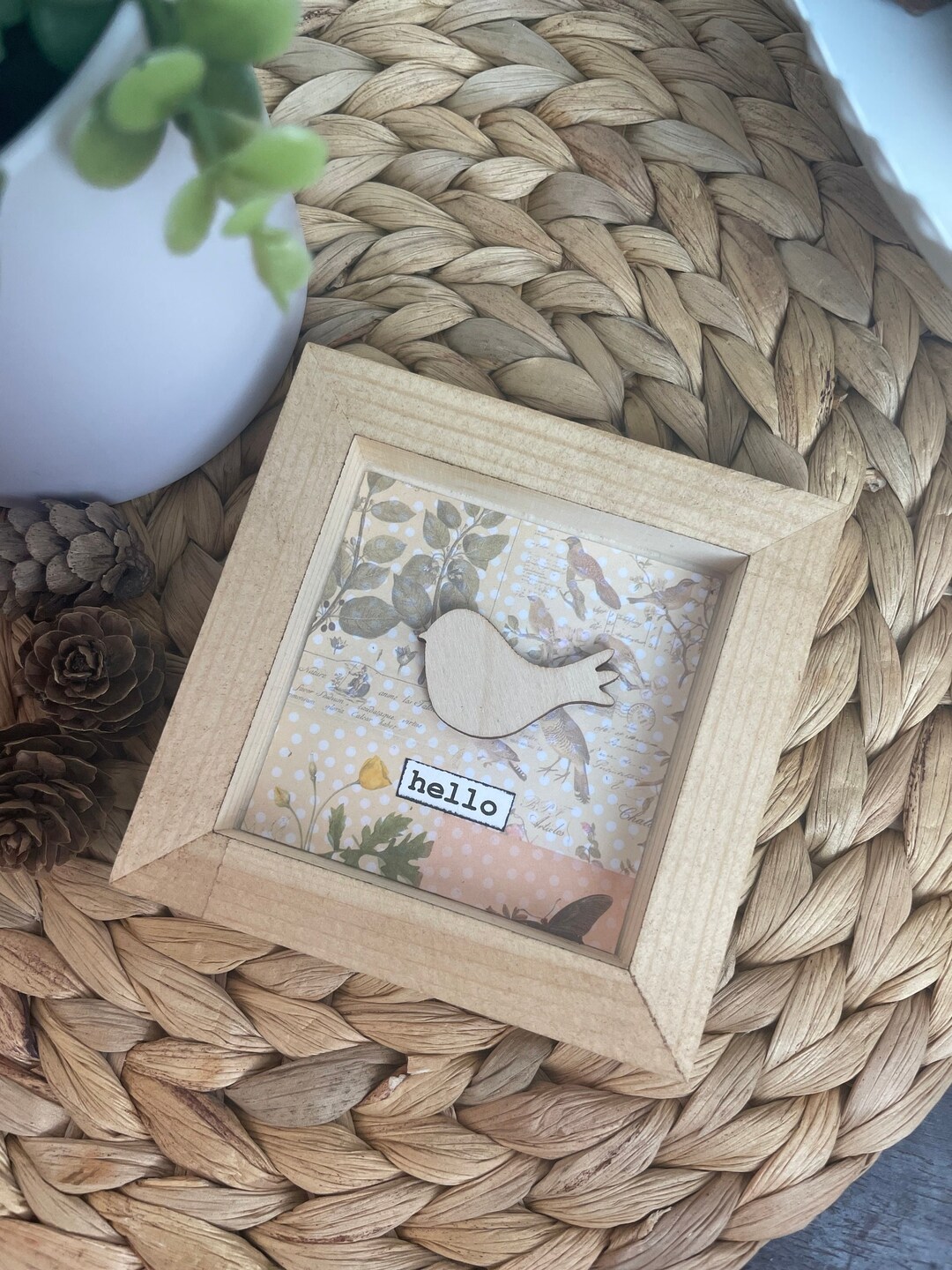 Little Birdie hello Shadow Box Sign 4x4. Mixed Media Background. Shelf ...
