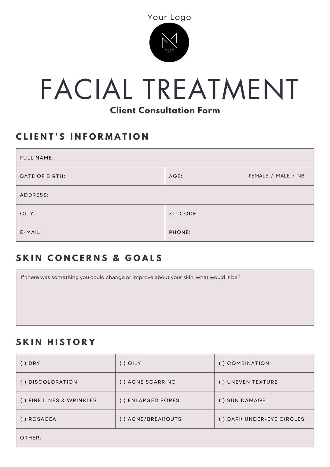 Client Intake Form With Logo facial Spa/spa/saloon - Etsy