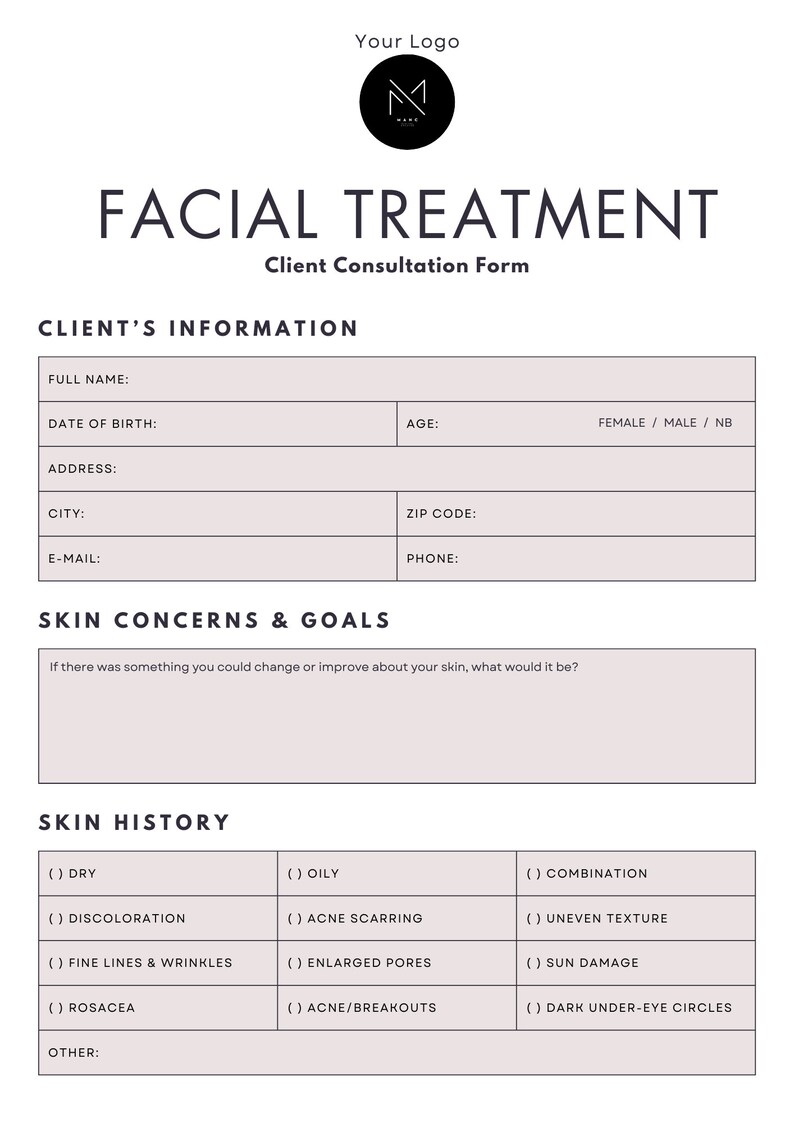 Client Intake Form With Logo facial Spa/spa/saloon - Etsy