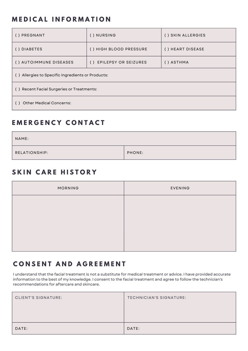Client Intake Form With Logo facial Spa/spa/saloon - Etsy