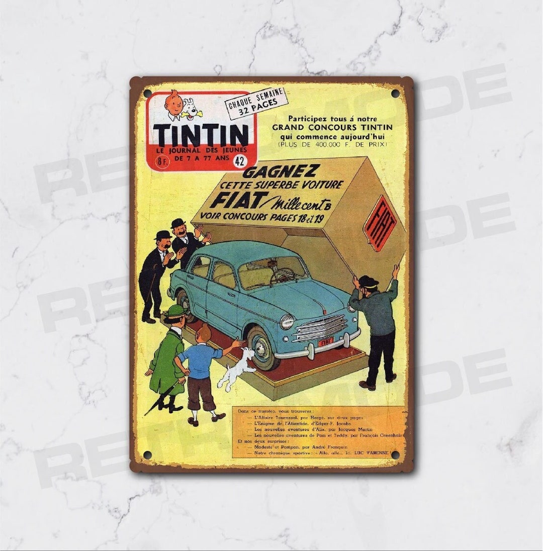 Vintage Tintin Grand Concours Metal Sign, Car Comic Book Sign, Fiat ...
