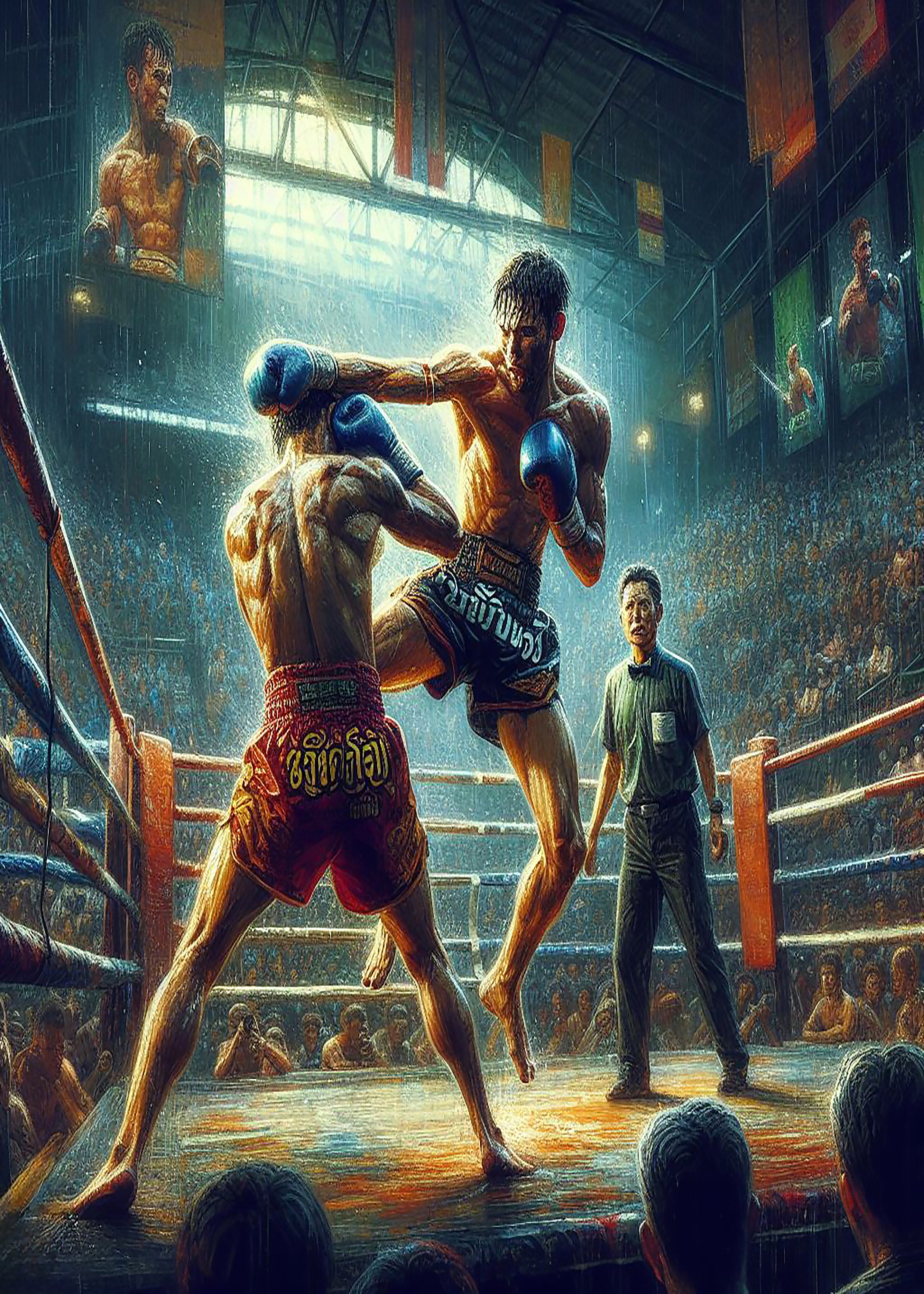 Digital Painting of Thai Boxing in a Boxing Ring, Grease Painting Style ...