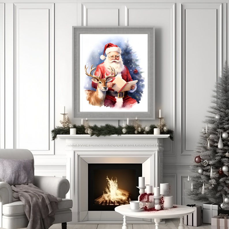 Printable Rustic Christmas Wall Art,vintage Watercolor Santa Reading ...