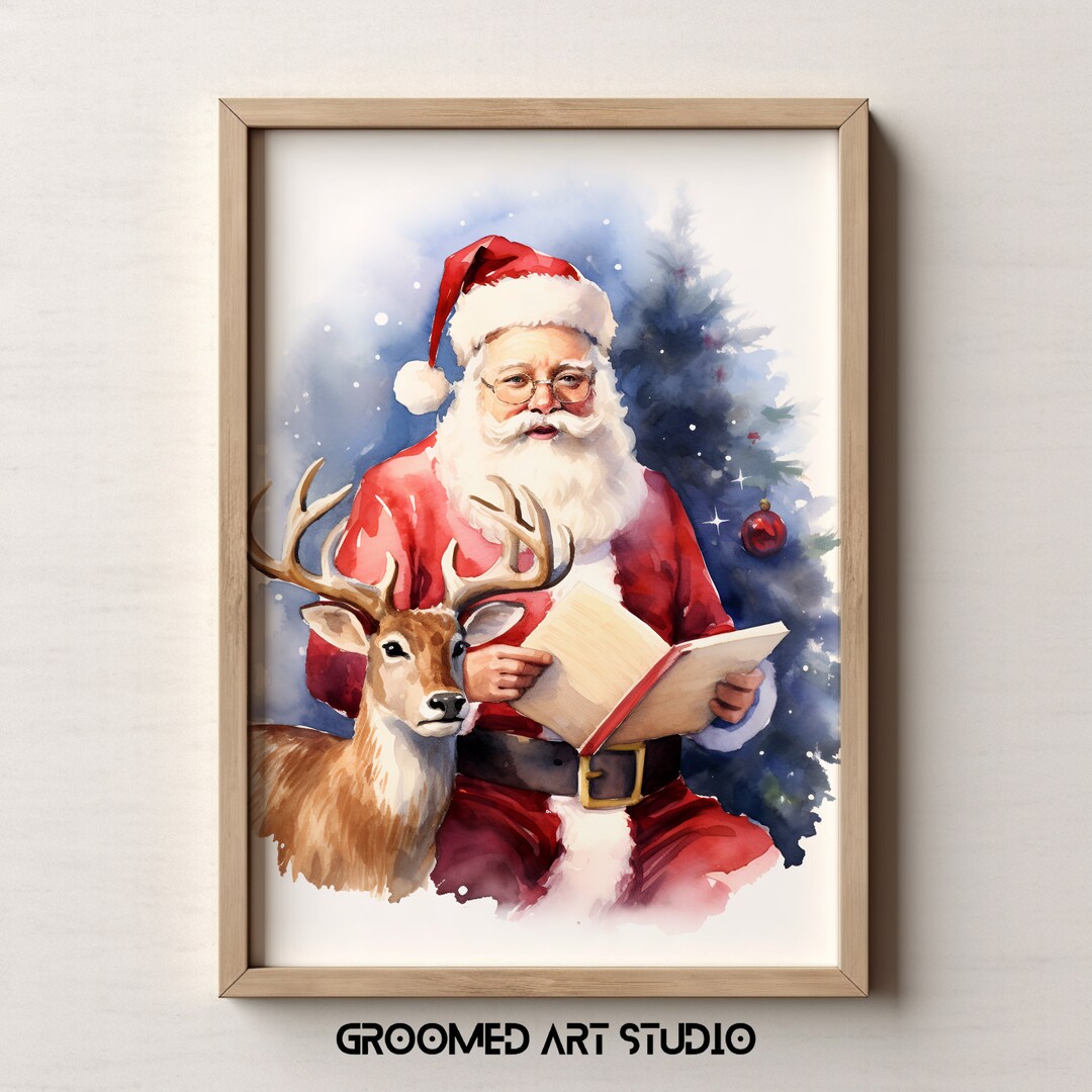 Printable Rustic Christmas Wall Art,vintage Watercolor Santa Reading ...