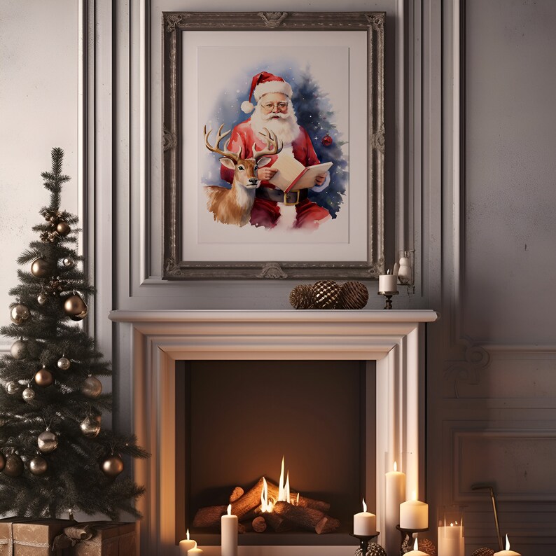 Printable Rustic Christmas Wall Art,vintage Watercolor Santa Reading ...