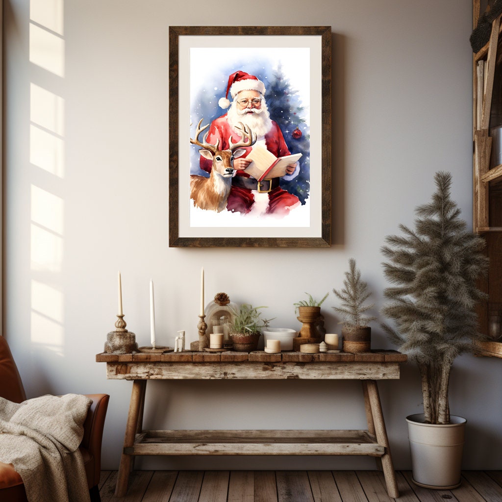 Printable Rustic Christmas Wall Art,vintage Watercolor Santa Reading ...