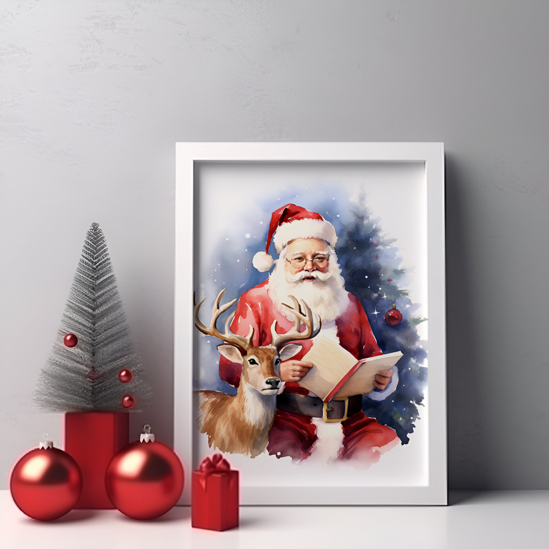 Printable Rustic Christmas Wall Art,vintage Watercolor Santa Reading ...