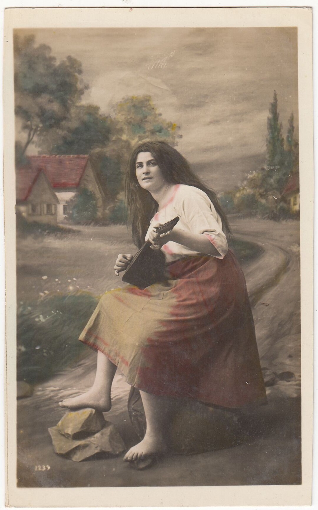 Gipsy Lady With Long Hair Barefoot Guitar Antique Real Photo Postcard ...