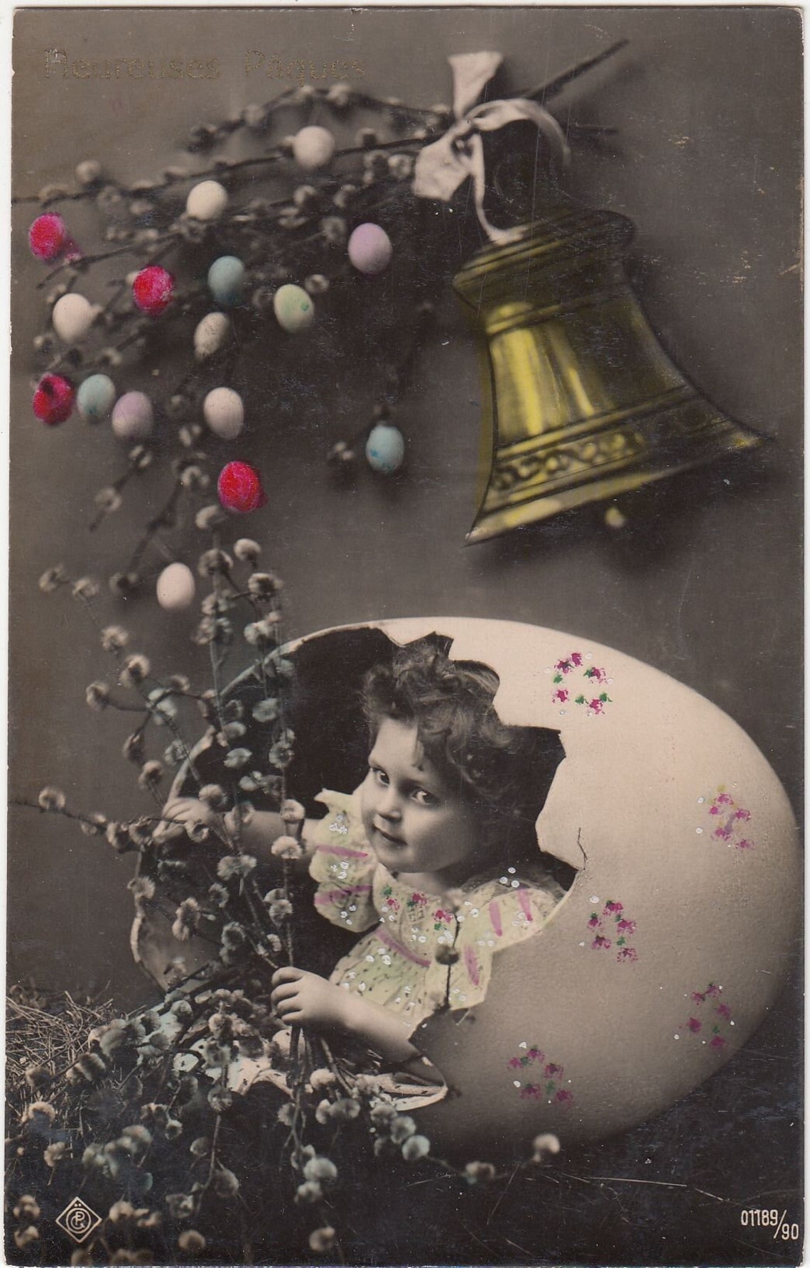 Edwardian Child Girl Under Big Egg Easter Scene Bell Antique French ...
