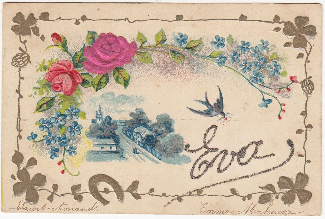 Name EVA Roses and Forget-me-nots Flower Antique Embossed Postcard ...