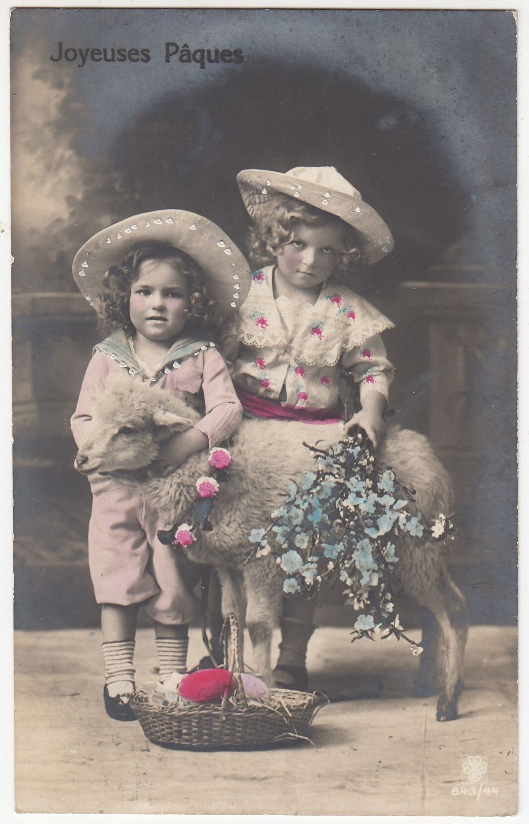 Edwardian Children Easter Scene Nice Lamb Antique French Real Tinted ...