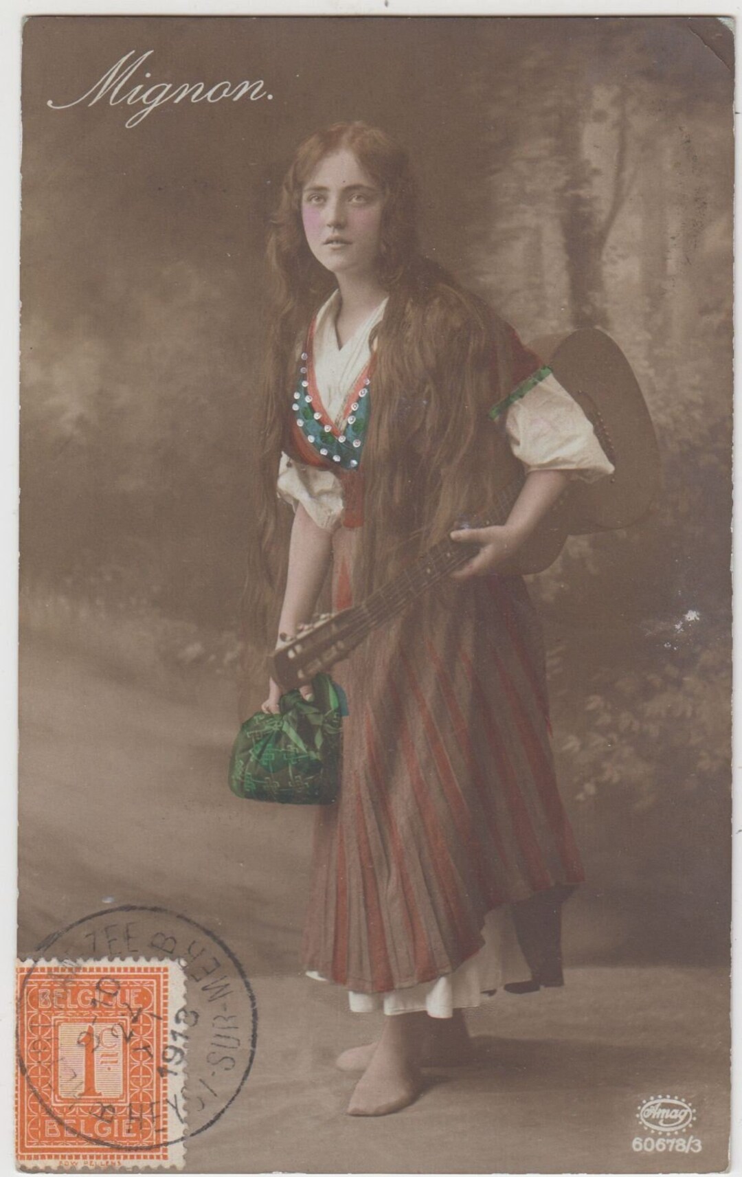 Gipsy Lady With Long Hair Guitar Antique Real Photo Postcard Belle ...