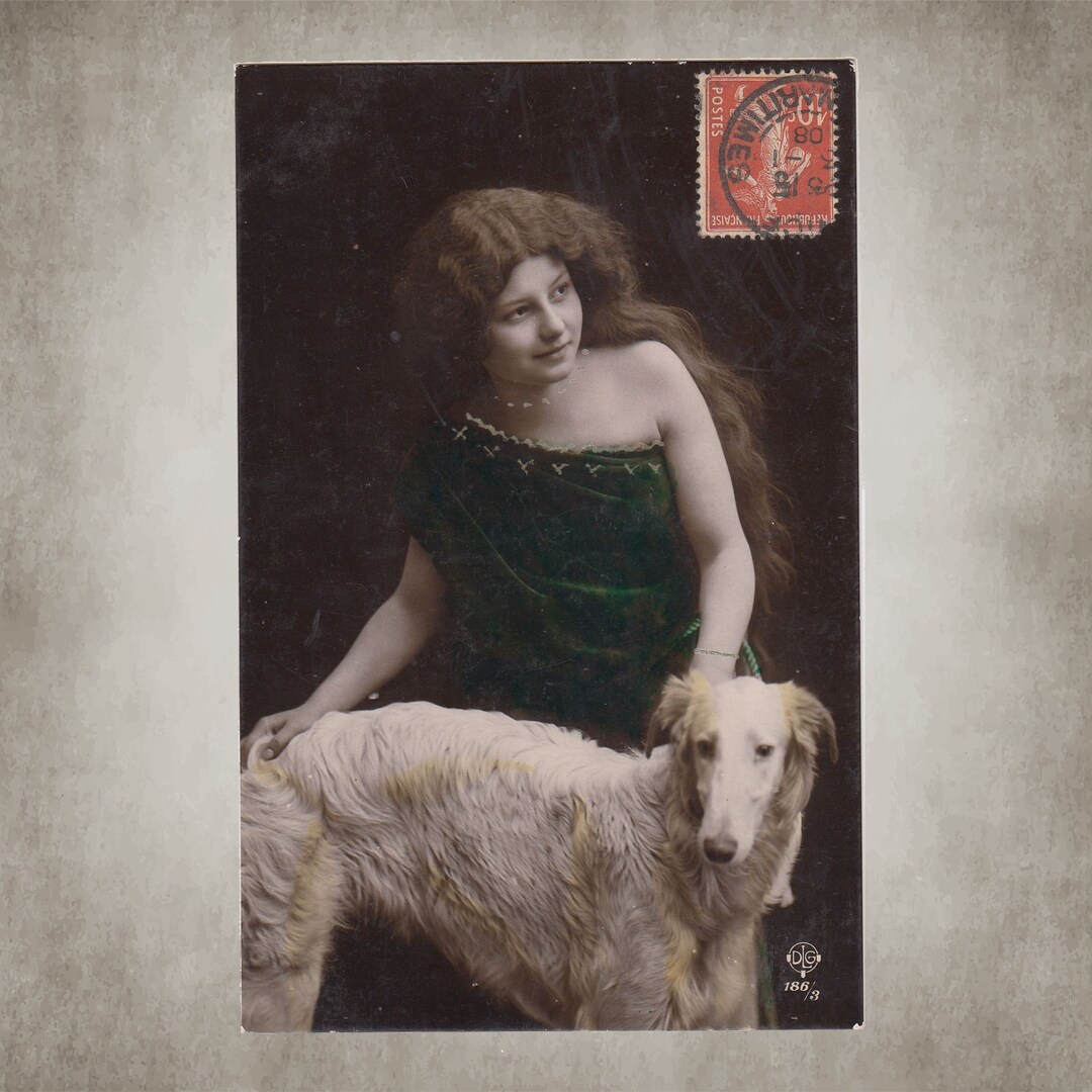 Edwardian Lady Long Hair With Borzoi Dog Antique French Tinted Real ...