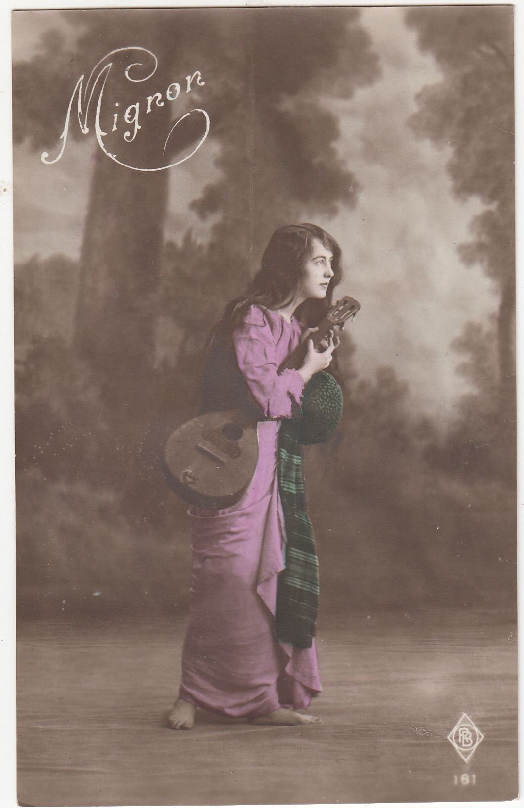 Gipsy Lady With Long Hair Barefoot Guitar Antique Real Photo Postcard ...